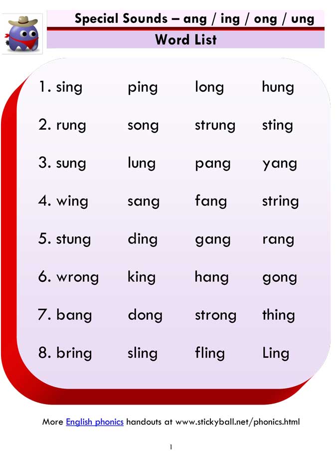 Advanced Phonics ang Ing Ong Ung Word List And Sentences